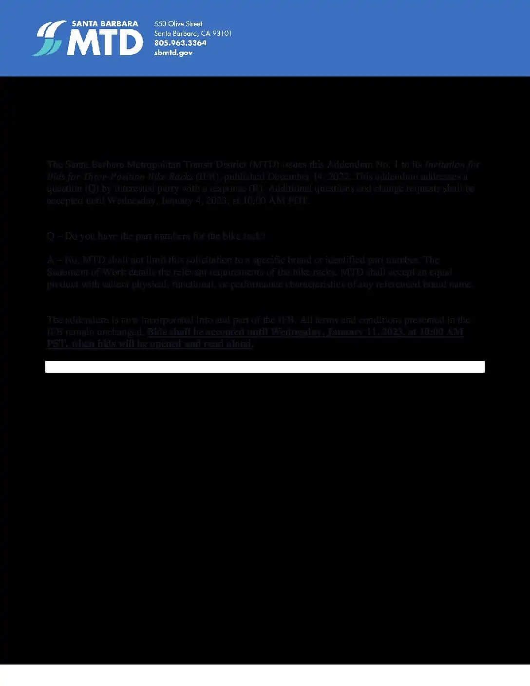 Three-Position Transit Bike Racks (IFB) – MTD Addendum 1 – Santa Barbara MTD