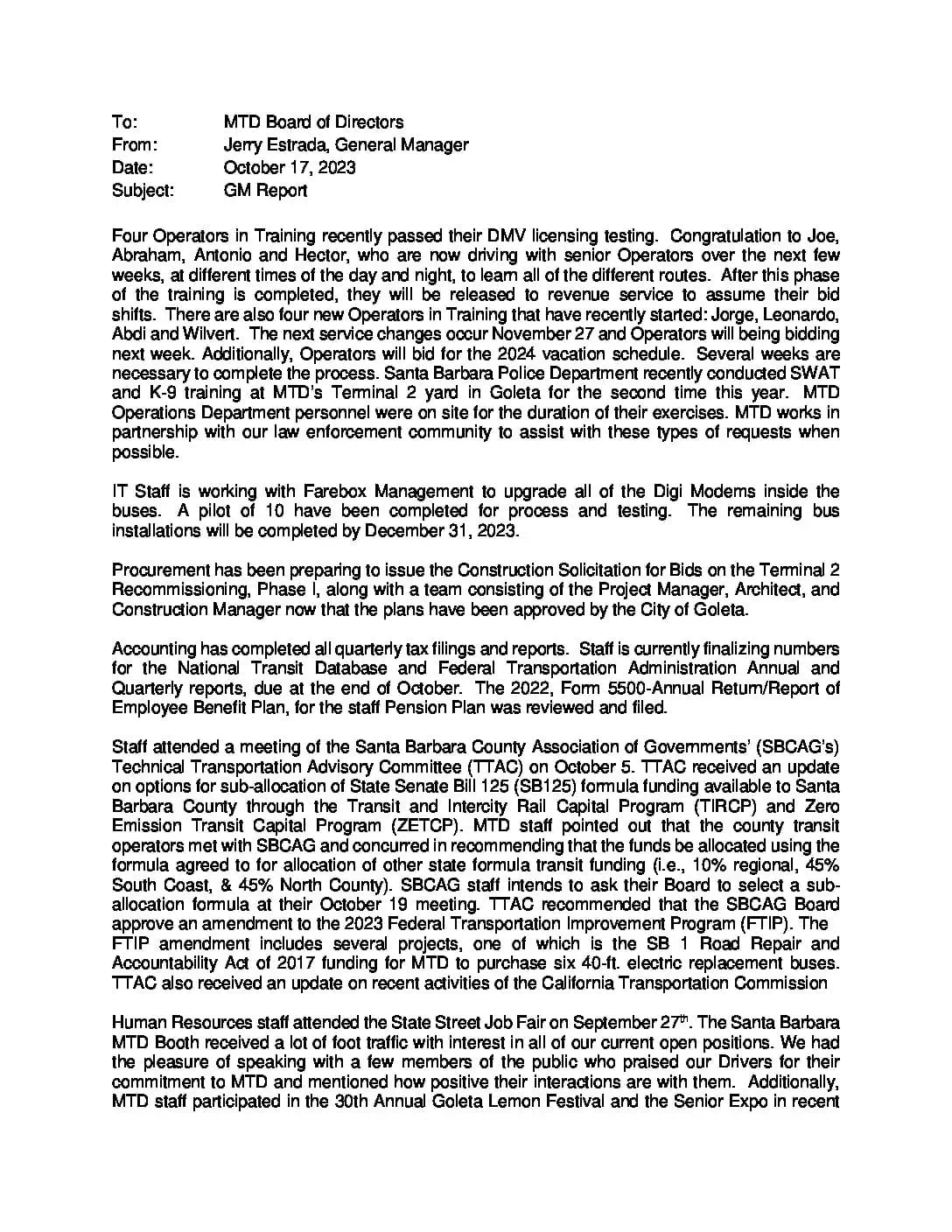 20231017 Item #13 GM Report – Santa Barbara MTD