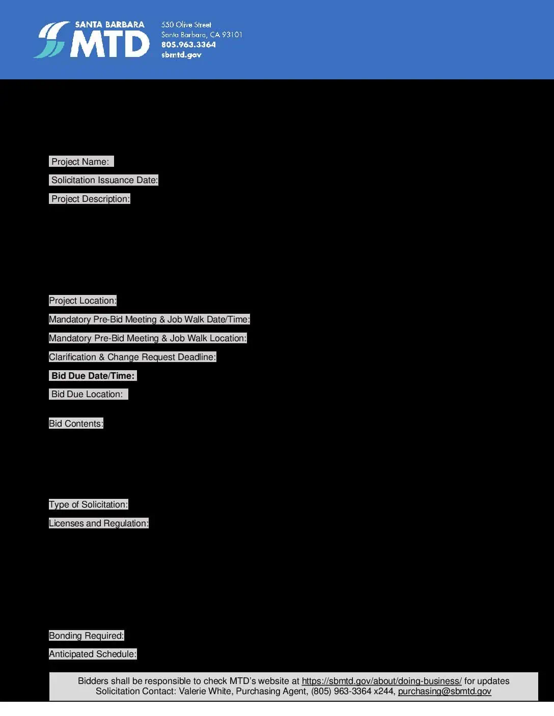 Solicitation Instructions – T2 Recommissioning – Phase 1 IFB (MTD 20231026) – Santa Barbara MTD
