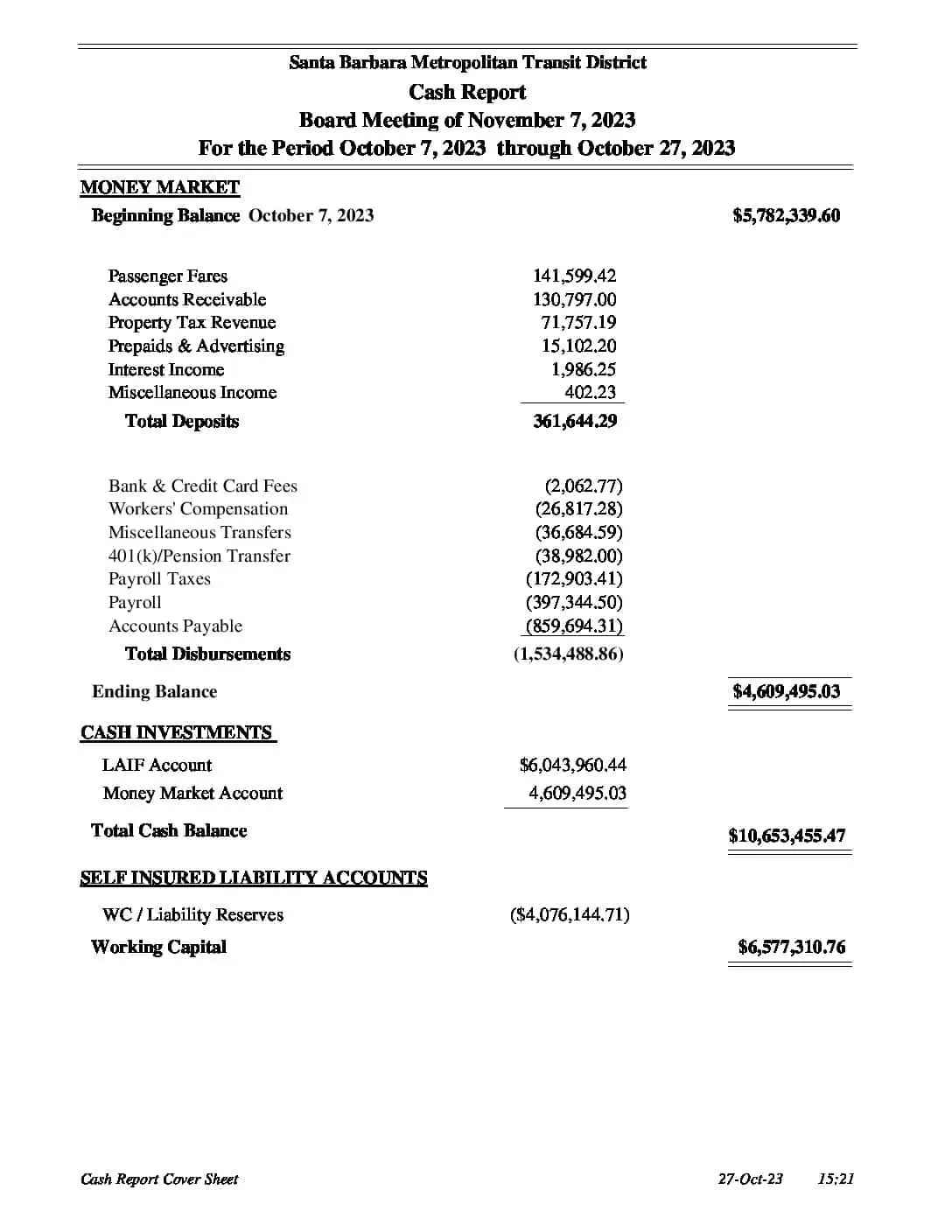 20231107 Item #5 Cash Reports – Santa Barbara MTD