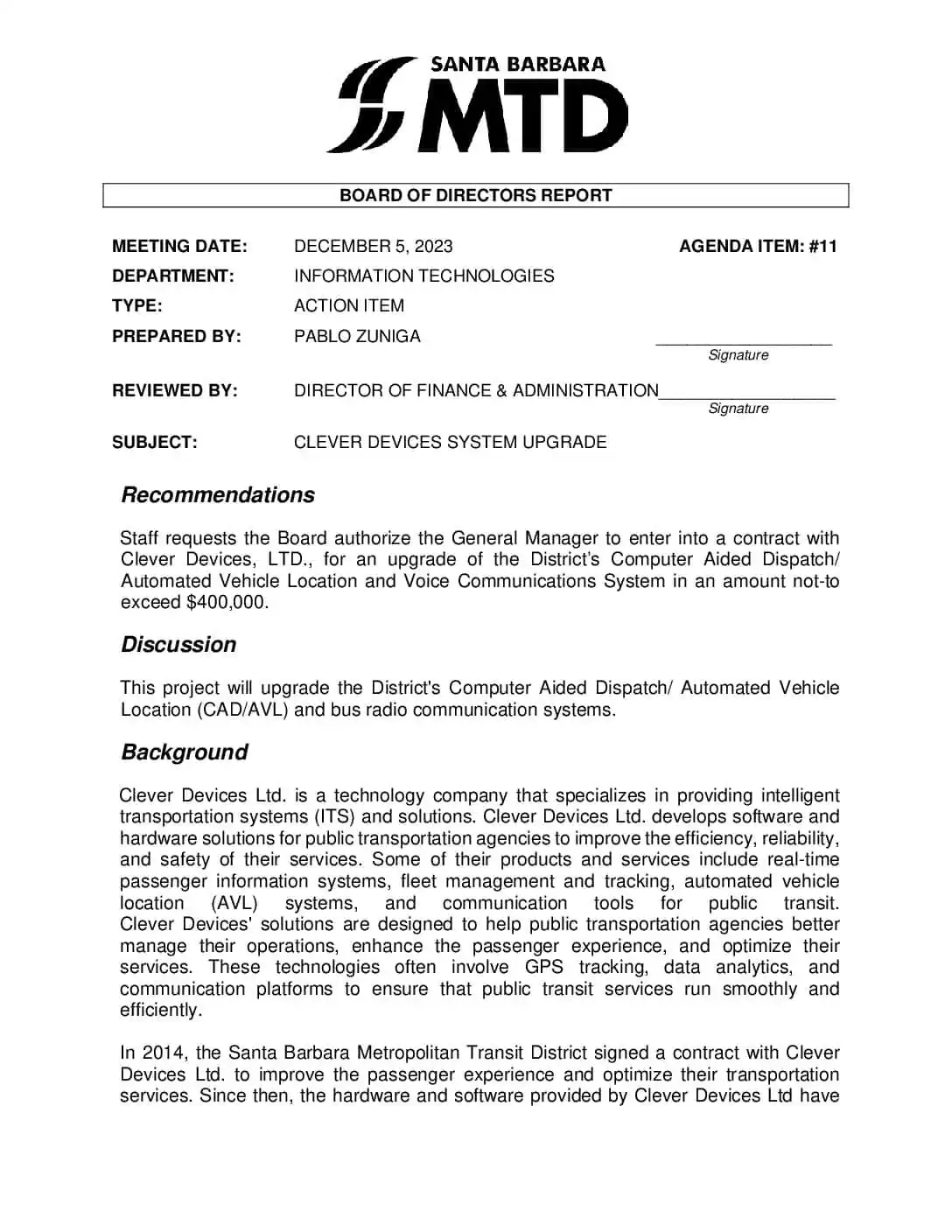 20231205 item #11 – Staff Report – Clever Devices – Santa Barbara MTD