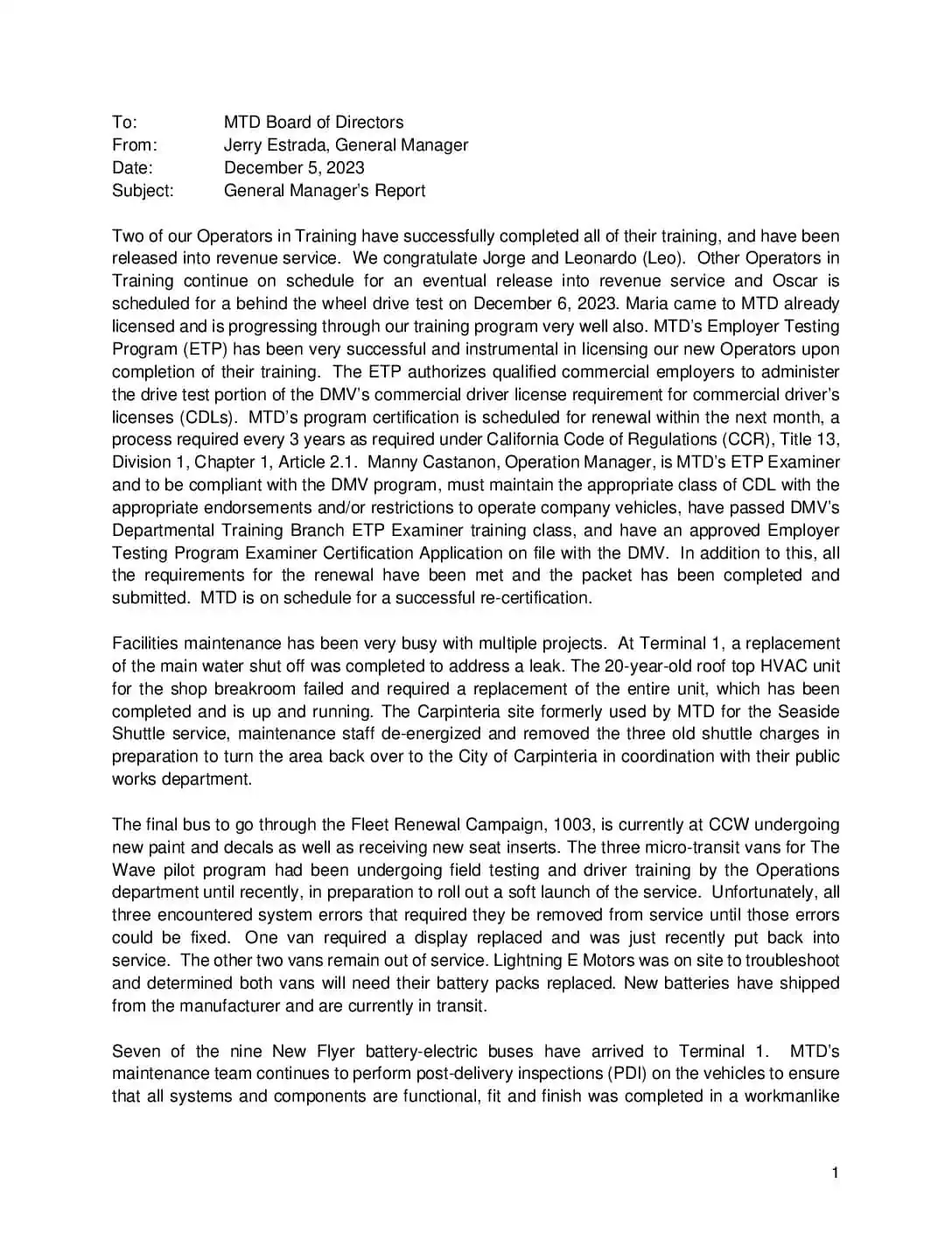 20231205 item #14 – GM Report – Santa Barbara MTD