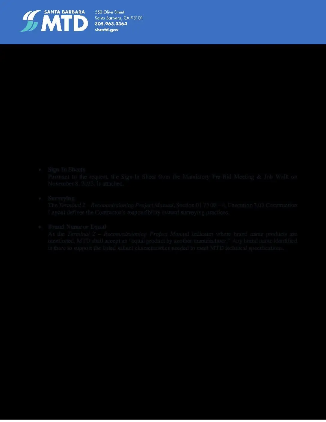 Addendum Number 1 – T2 Recommissioning – Phase 1 IFB (20231113) – Santa ...