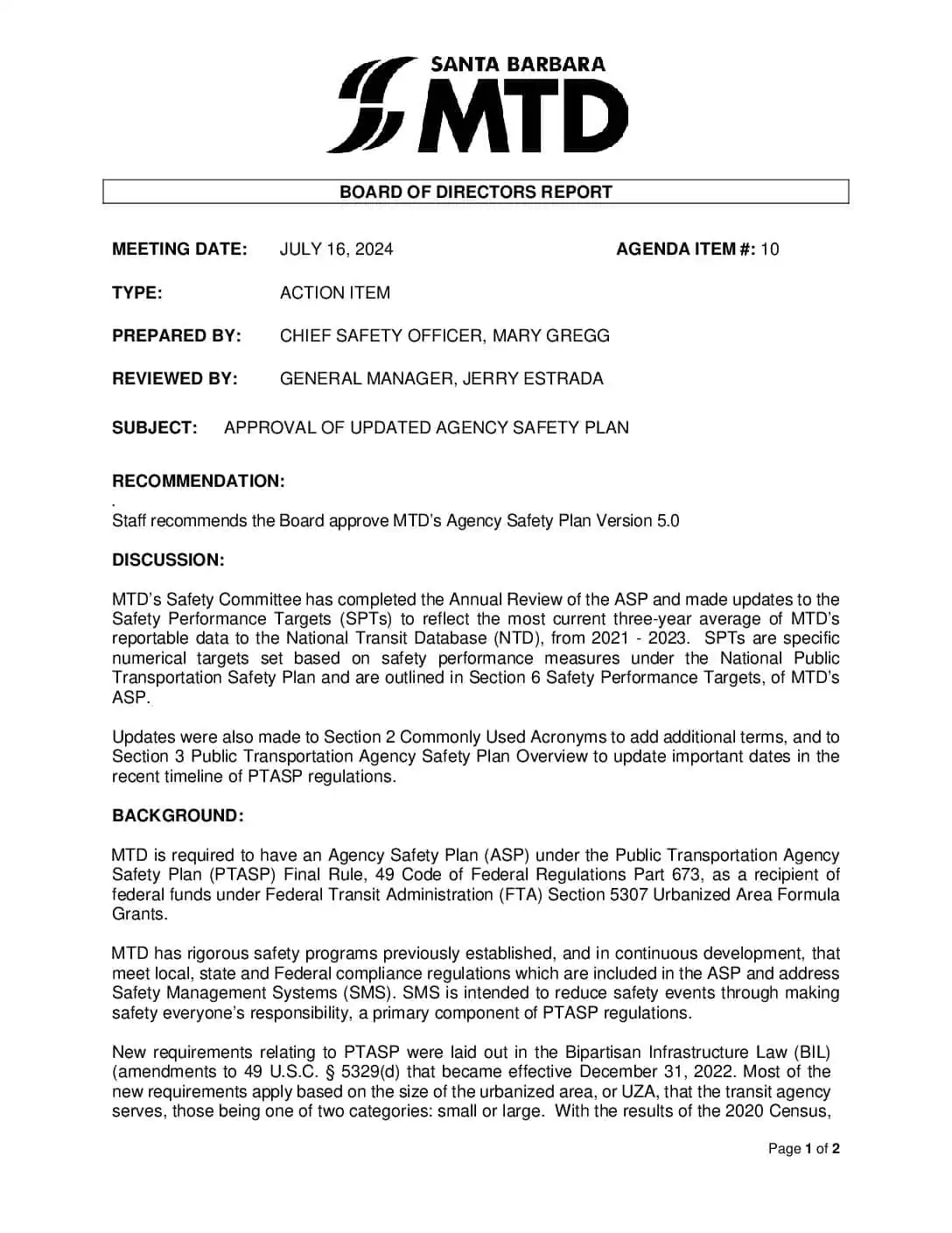 20240716 Item #10 Staff Report – PTASP Agency Safety Plan Board ...