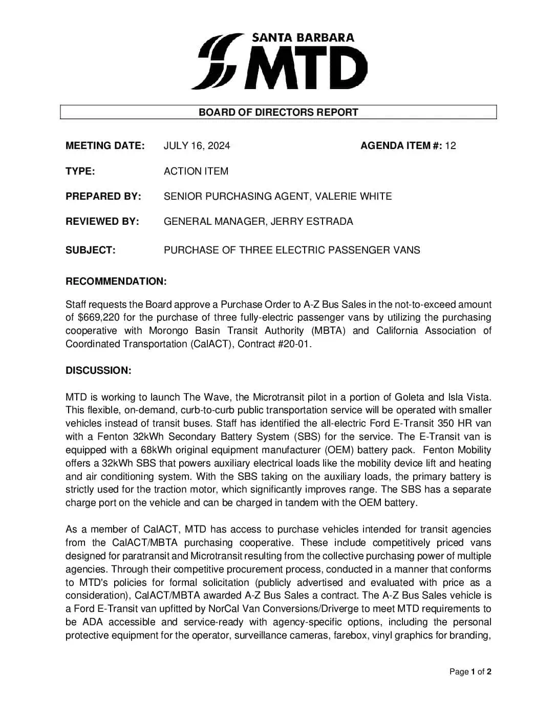 20240716 Item #12 Staff Report – Electric Passenger Vans – Santa ...