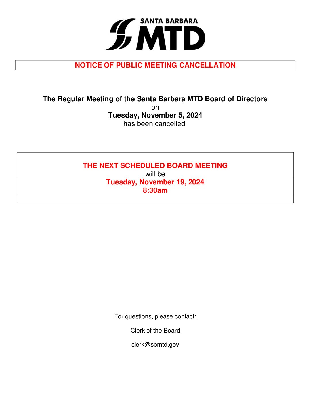 20241105 Cancellation of Meeting – Santa Barbara MTD