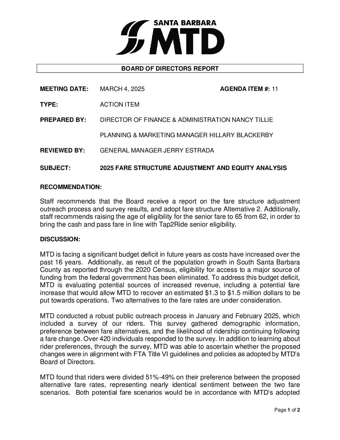 20250304 Item #11 Fare Structure – Santa Barbara MTD