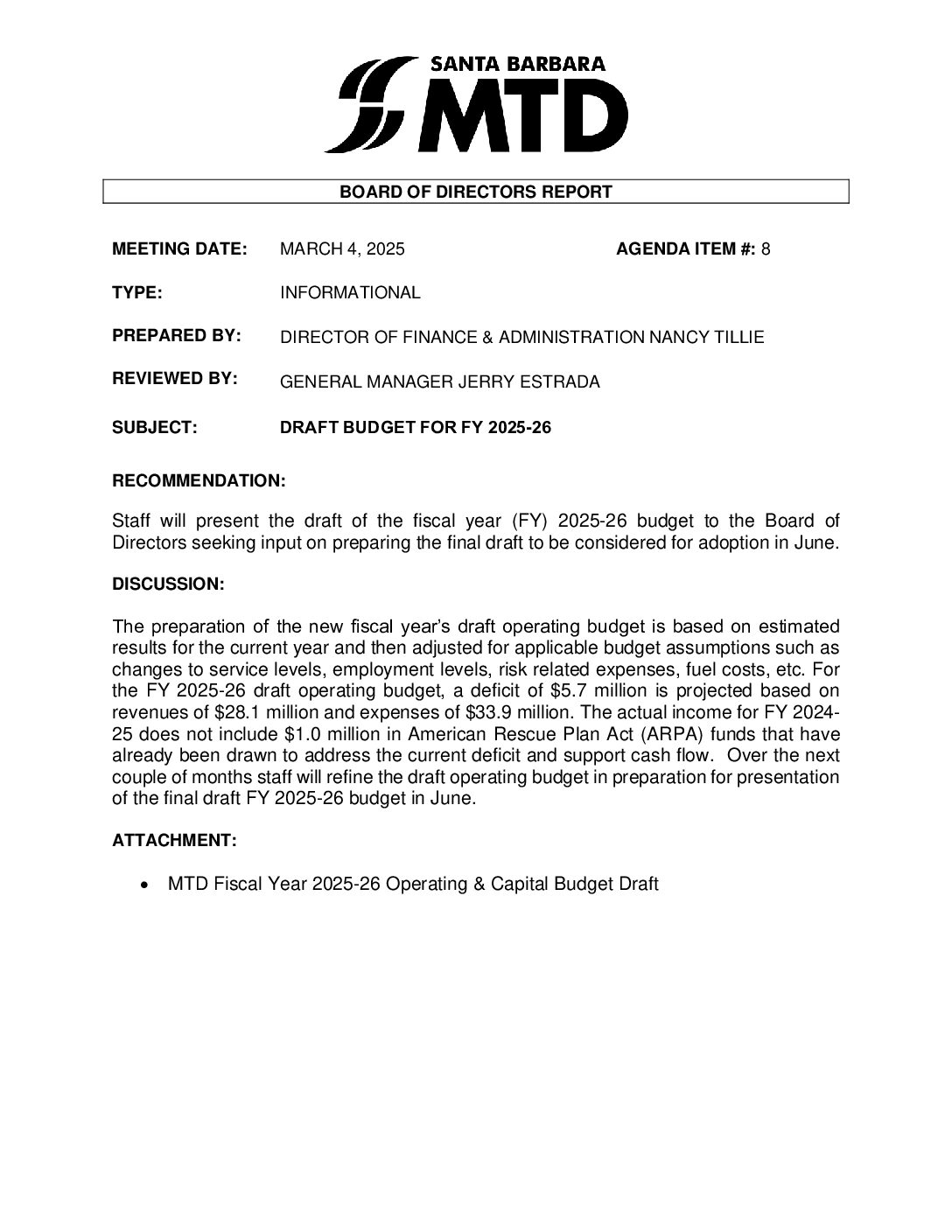 20250304 Item #8 Draft Budget FY 2025-26 – Santa Barbara MTD