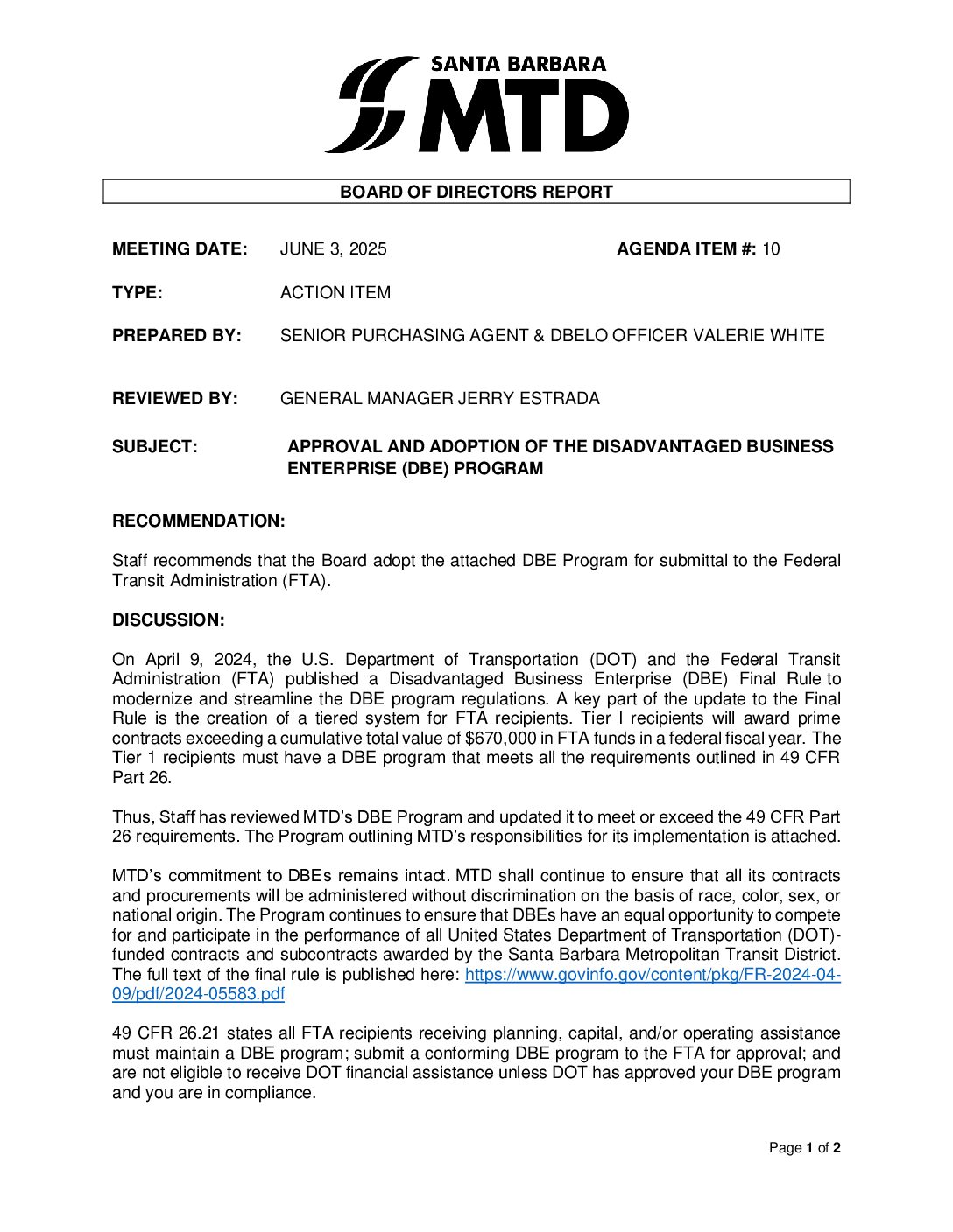 20250603 Item #10 DBE Program – Santa Barbara MTD