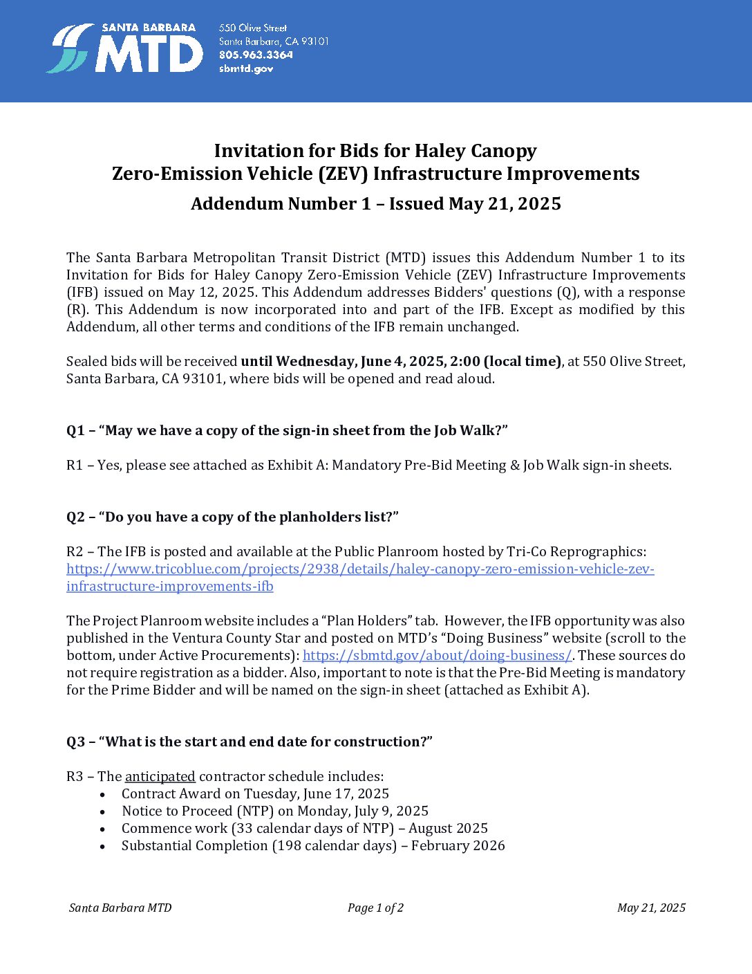 Addendum Number 1 – Haley Canopy IFB (20250521) – Santa Barbara MTD