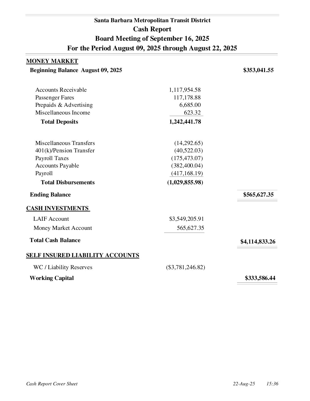 20250916 Item #5 Cash Reports – Santa Barbara MTD
