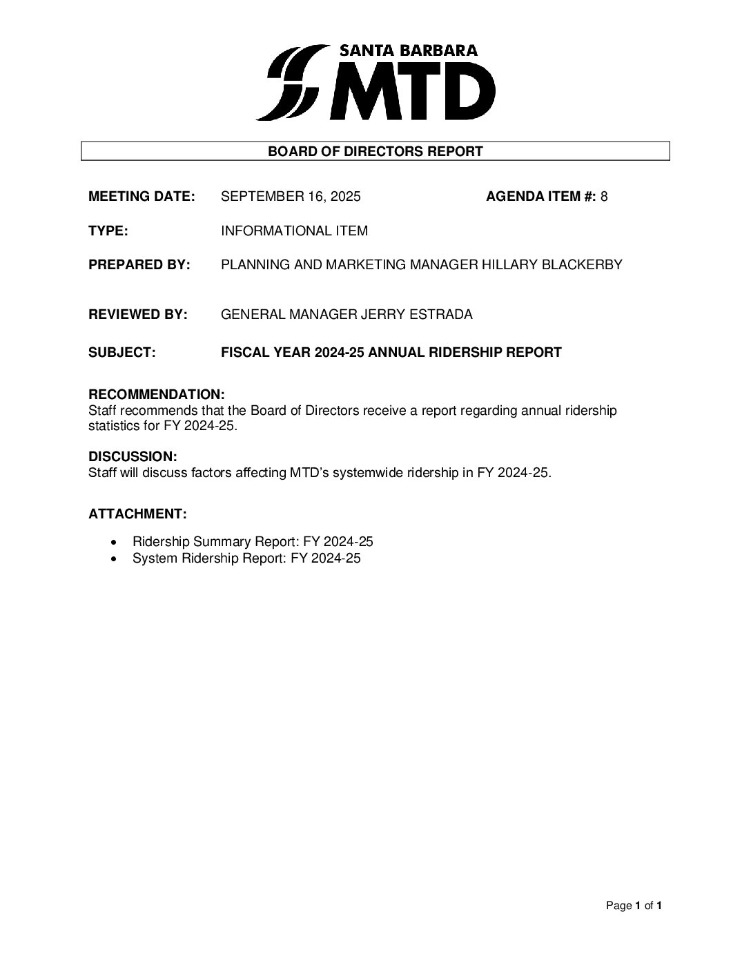 20250916 Item #8 FY 2024-25 Ridership Report – Santa Barbara MTD