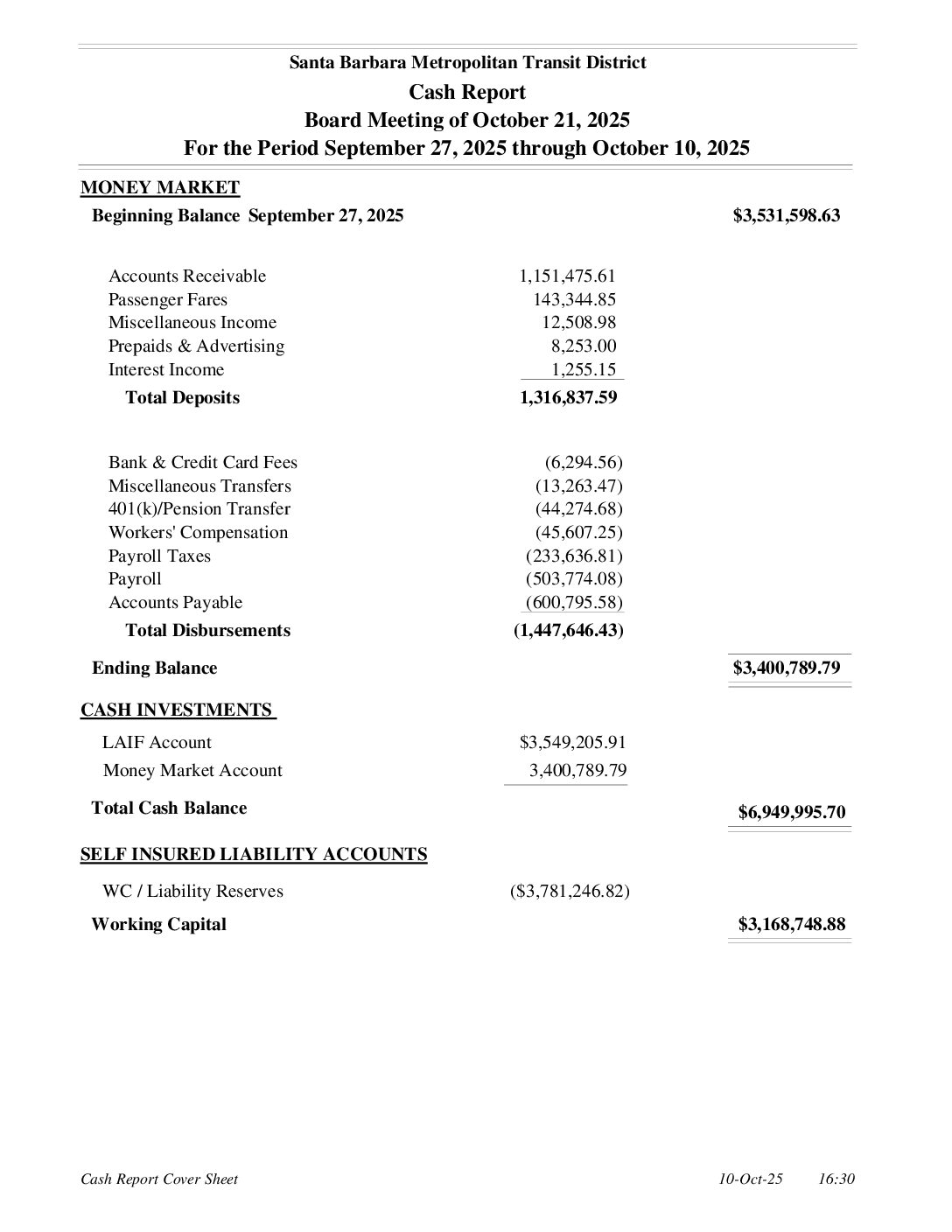 20251021 5. Cash Report – Santa Barbara MTD