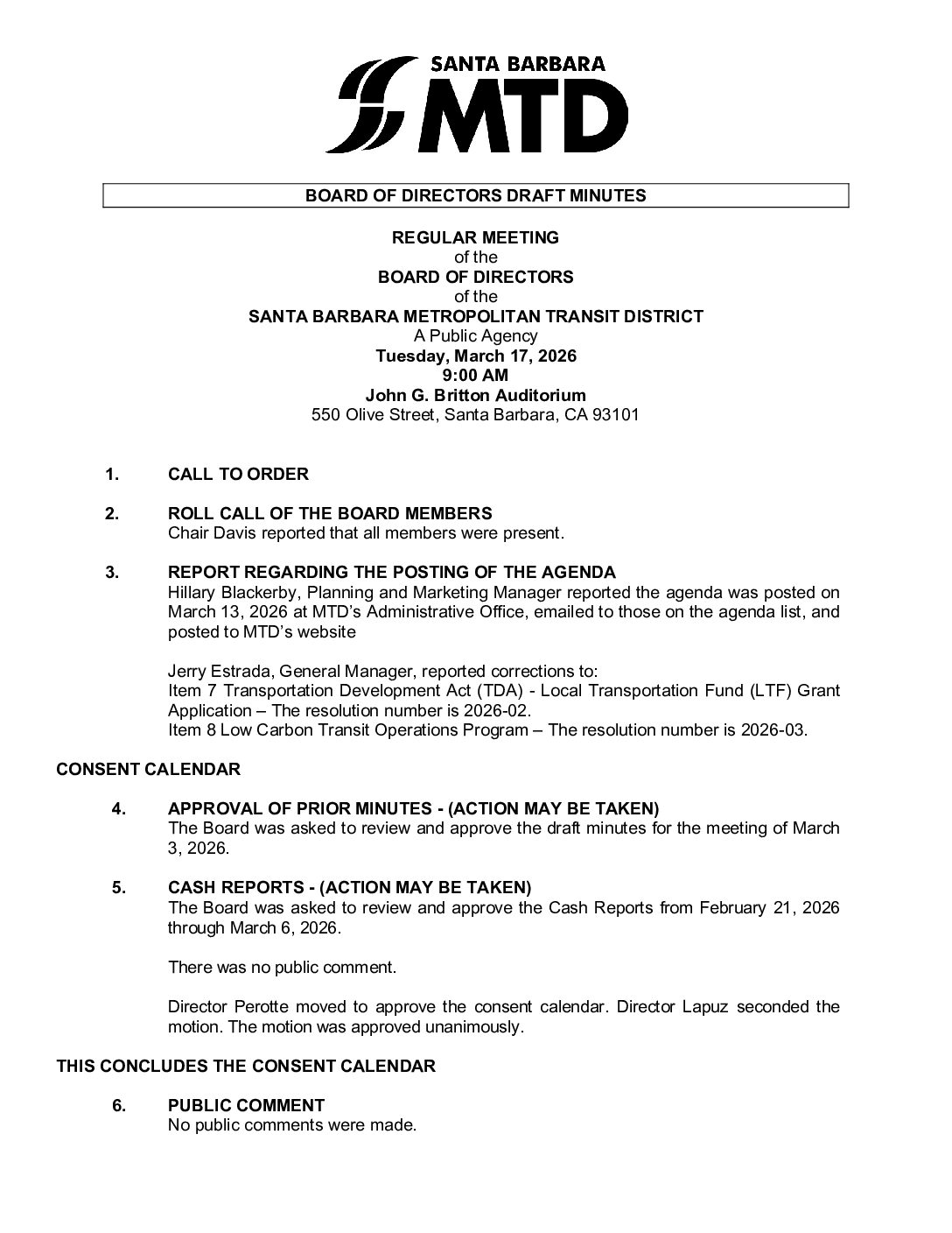 20260407 4. Draft Meeting Minutes for March 17, 2026 – Santa Barbara MTD